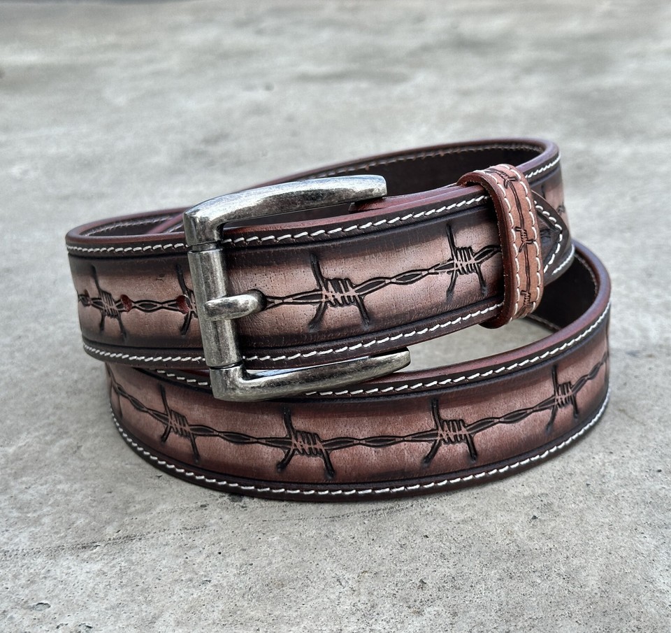 Men’s Western Leather Belt Barbed Wire Embossed – Removable Buckle ...