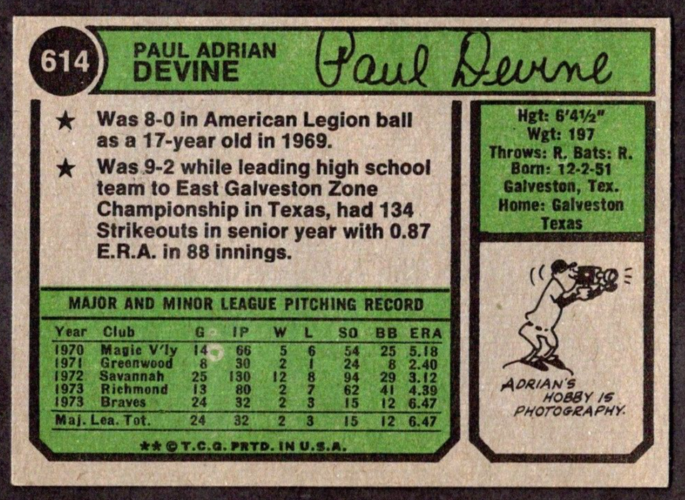1974 Topps #614 Adrian Devine Altlanta Braves VGEX/EX | eBay