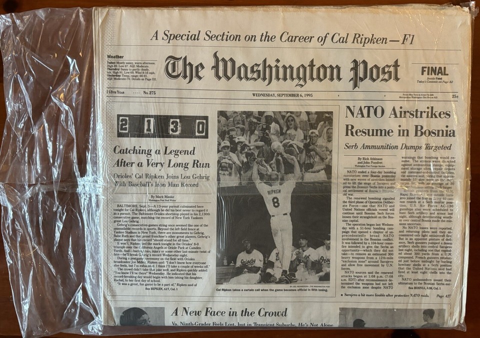 Cal Ripken Jr.’s 2,131 Newspapers From Sept. 6, 1995, The Sun, The Post ...