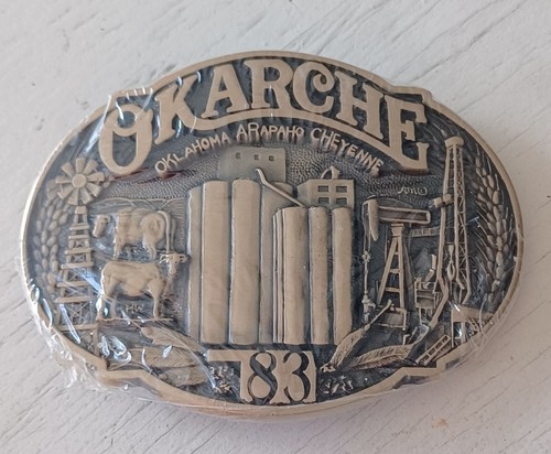 Vintage 1983 Okarche Oklahoma Arapaho Cheyenne Brass Belt Buckle Cattle ...
