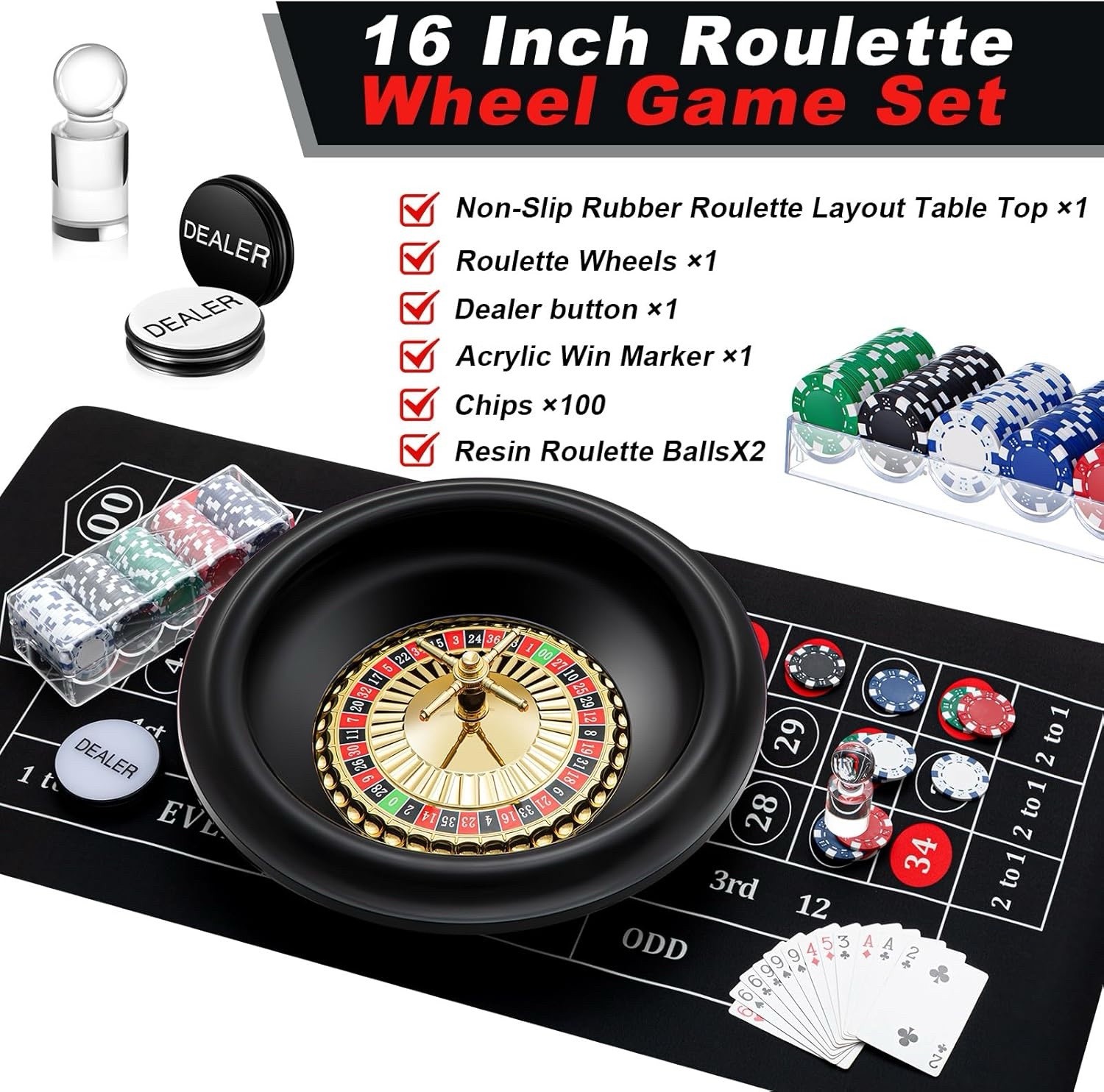 Roulette Wheel Game Set Include 16'' Black Roulette Wheel 35" x 16 ...