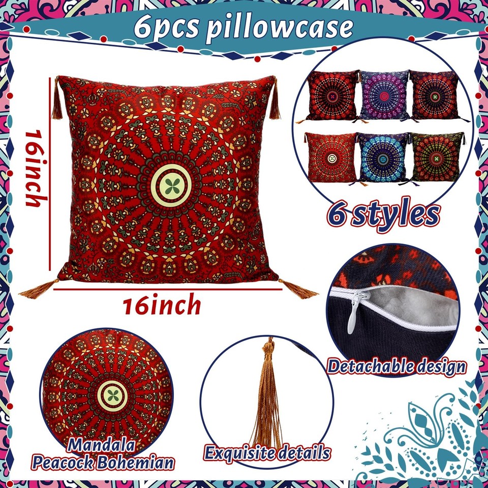 6 Pack Mandala Pillow Covers 16 x 16 Inch Bohemian Decorative Cushion ...