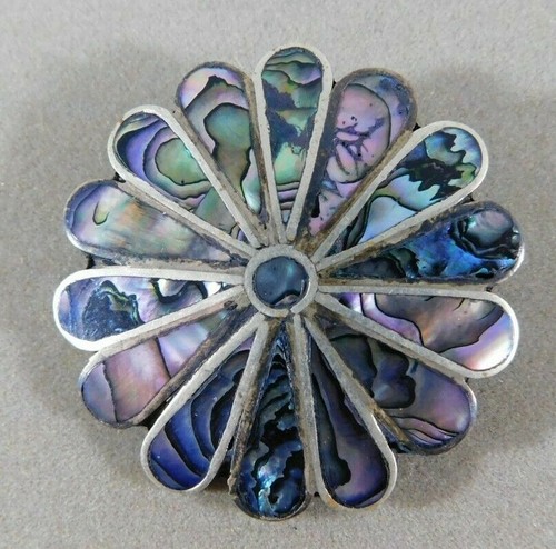 Vintage Mexico Sterling Silver Inlaid Abalone Shell Brooch/Pendant 1 1/ ...