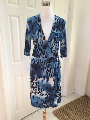 NWT Robert Graham Julianna Blue Leopard Wrap Dress 10 | eBay