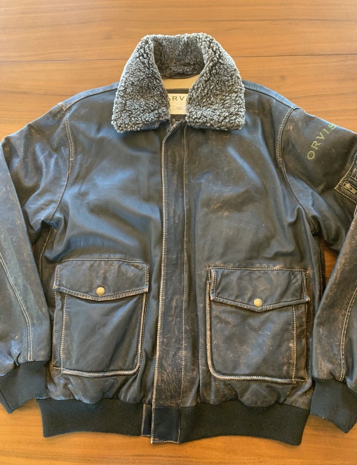Vintage Orvis Leather Jacket Mens M A-2 Bomber Sherpa Top Gun Hickory ...
