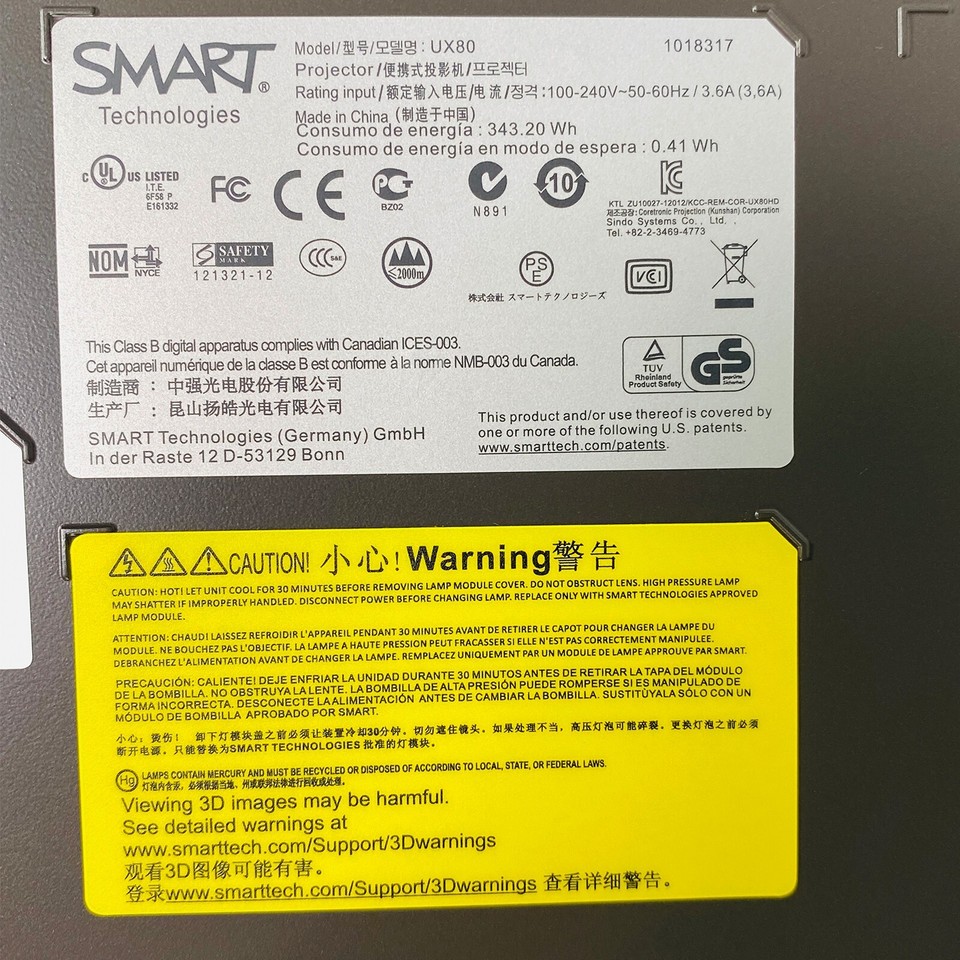 NEW SMART UX80 DLP Projector Ultra Short Throw 3600 Lumens WXGA 1 YEAR ...