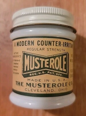 Vintage Antique Musterole jar with Product- milk glass- embossed on top ...