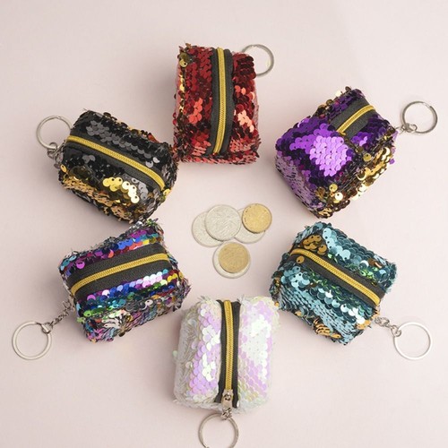Sequins Polyester Zipper Bag Mini Key Chain Purse Portable Card Holder ...