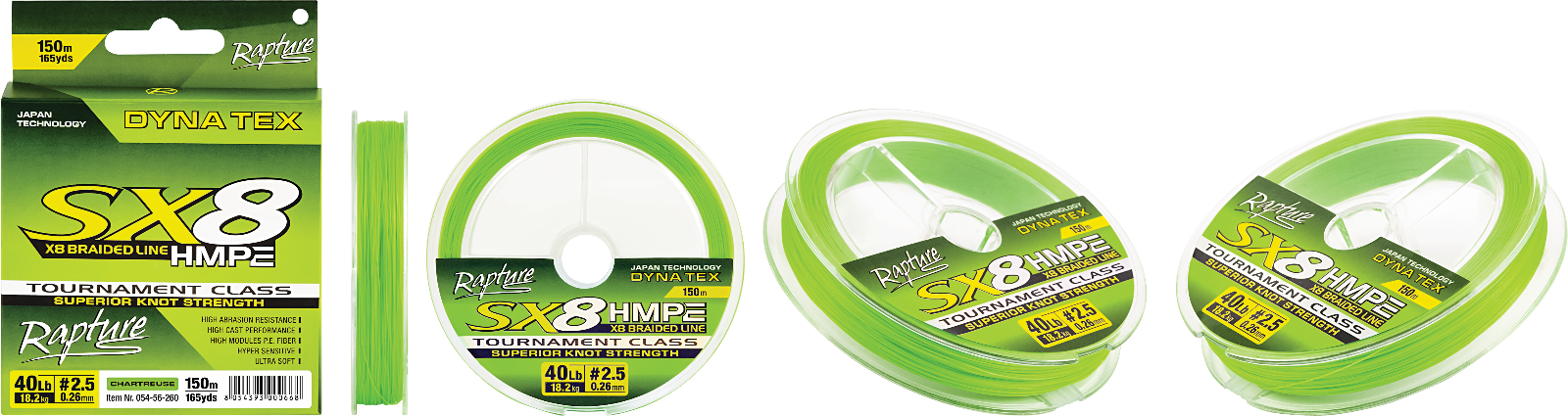 Braided Line DYNA TEX SX 8 CHARTREUSE BRAID 150m. / 165yds , by RAPTURE ...