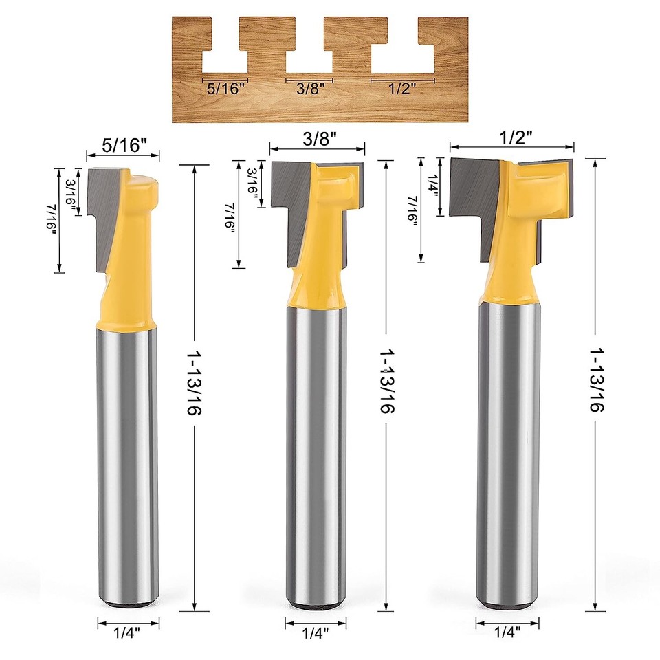 3 Pcs 1/4" Shank Keyhole T-Slot Router Bits Set Dia. 5/16 & 3/8 & 1/2 ...