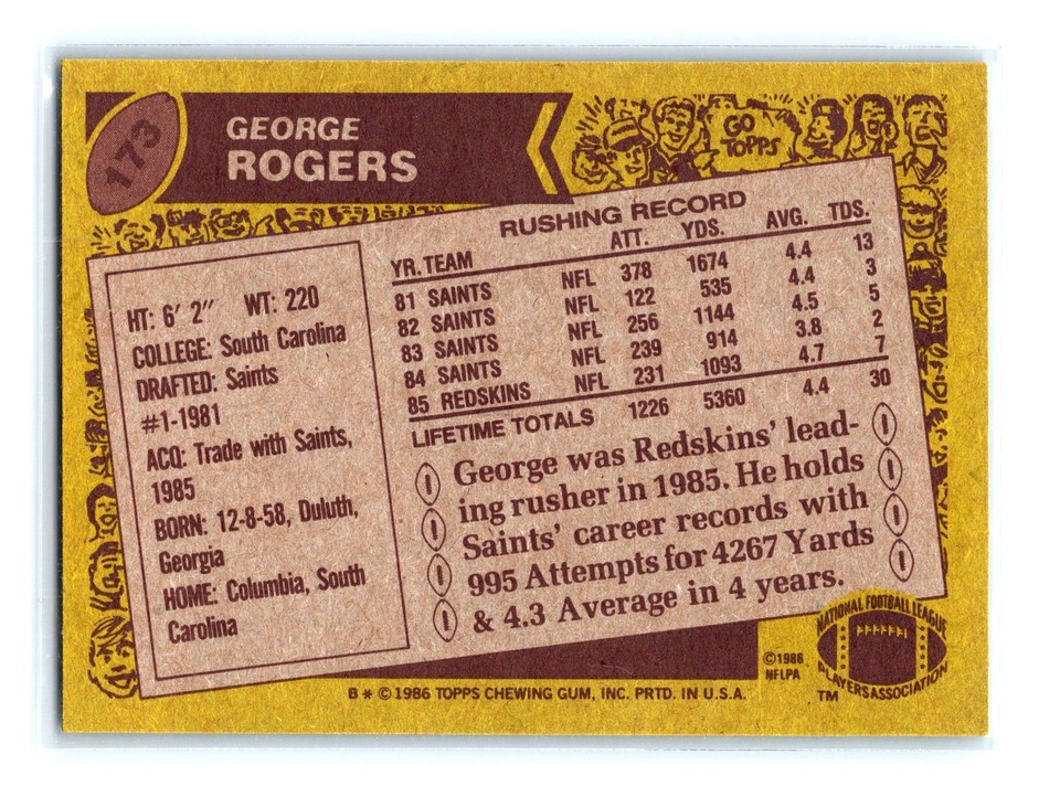 1986 Topps Football #173 George Rogers Washington Redskins | eBay