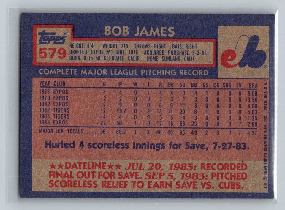 1984 Bob James #579 Topps Montreal Expos Rookie 84-TBBC#17-18 | eBay