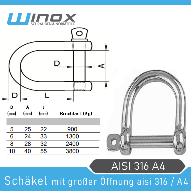 Schäkel Wirbelschäkel Edelstahl V4A -A4 Rostfrei D-Schaekel Schekel ...
