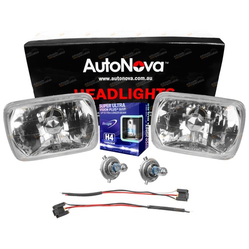 2 Rectangle Headlight Upgrade Kit High Watt 12v H4 Crystal Reflector ...