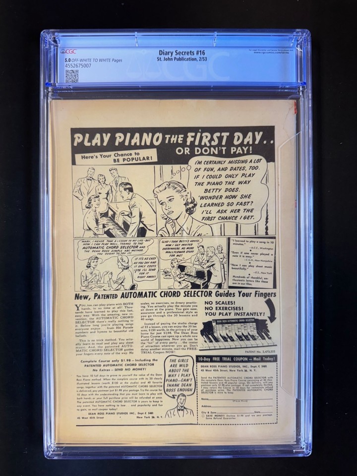 DIARY SECRETS #16 CGC 5.0 Classic Matt Baker Good Girl Cover Art ...