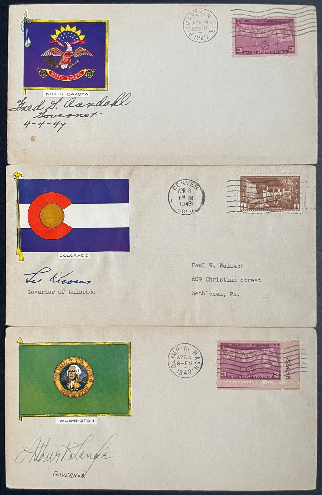 1941-1957 North Dakota Colorado Washington Signed Governor Envelopes x3 ...