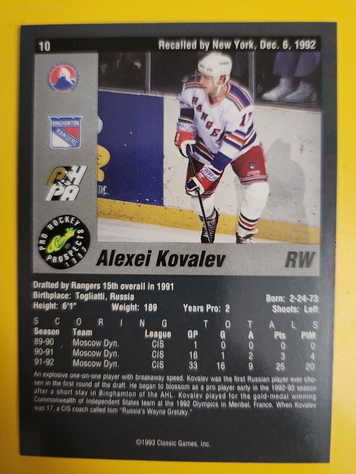 1993 Classic #10 Alexei Kovalev Binghamton Rangers Rookie Card RC | eBay