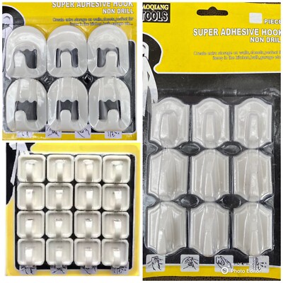 Self Adhesive Hooks White Plastic Strong Sticky Stick on Wall Door Hang ...