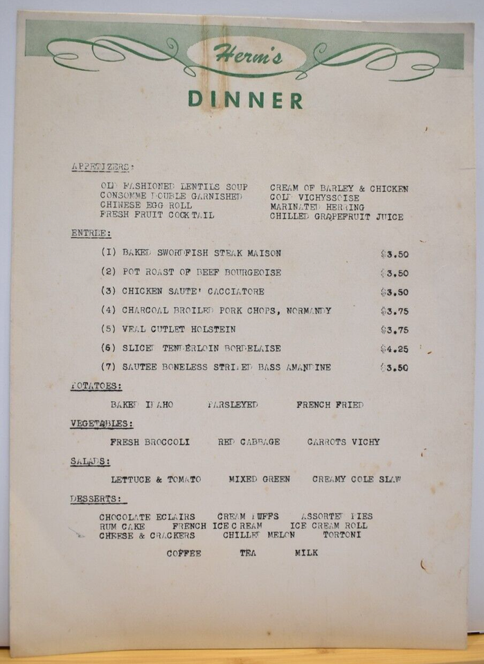 1960s Herm's Restaurant Cocktail Lounge Menu Plainfield Park Avenue New ...