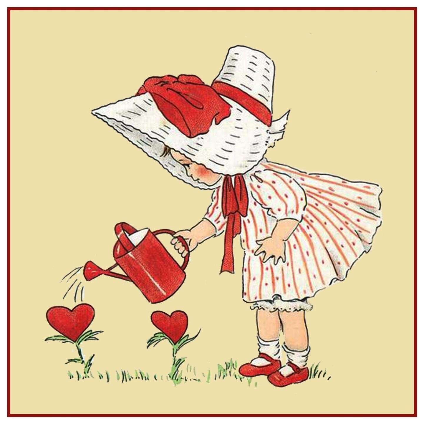 Vintage Valentine Bonnet Girl Water Heart Flowers Counted Cross Stitch ...