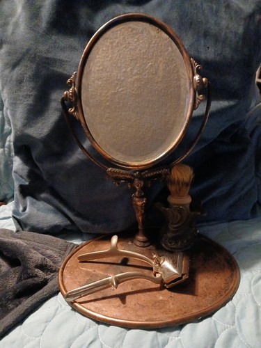 Antique Bronze/copper Shaving Mirror- Beveled Edge- Brush And Clippers ...