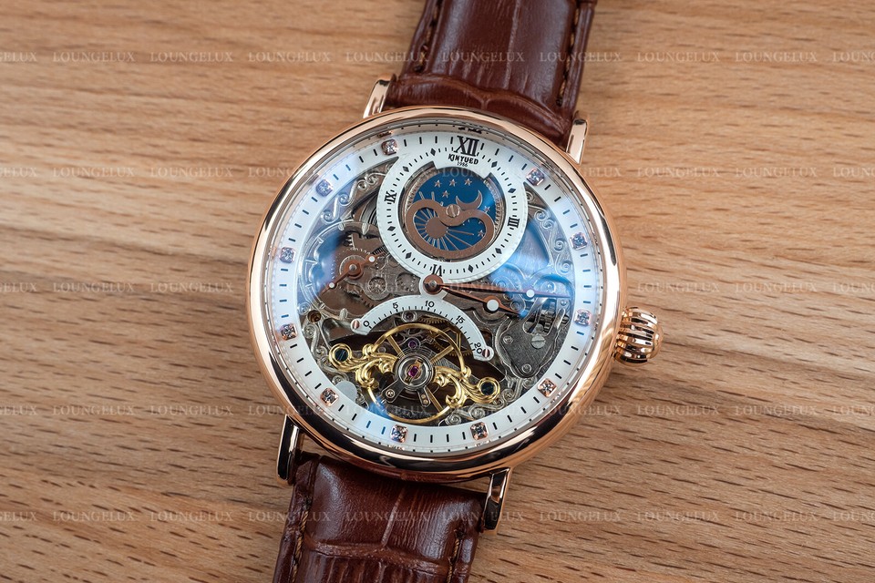 Mens Dual Time Flywheel Automatic Mechanical Watch Rose Gold White Dial ...