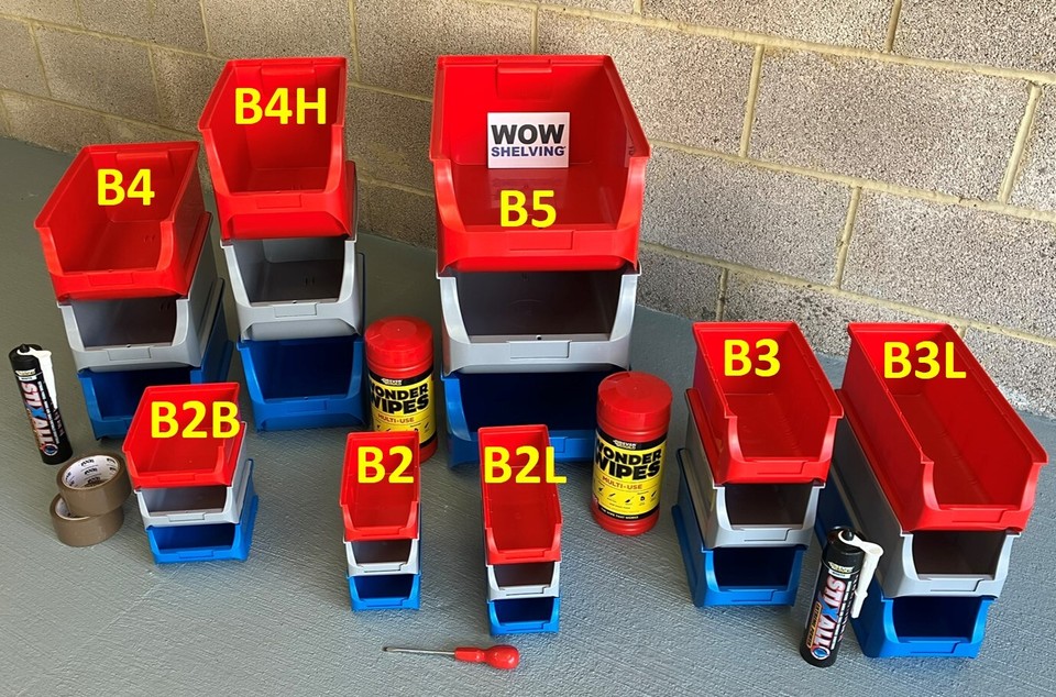 Hanging stacking plastic parts storage lin bins boxes garage workshop ...