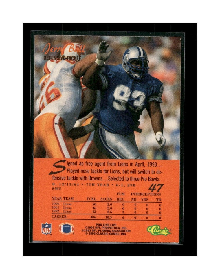 1993 Classic Pro Line Live Football #47 Jerry Ball - Cleveland Browns ...