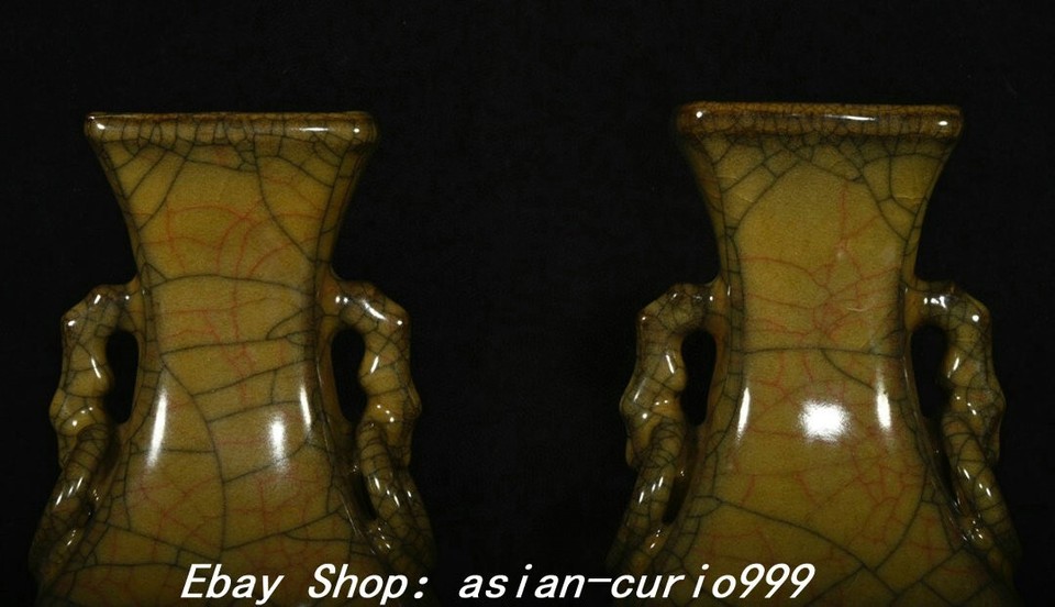 9" Song Dynasty Ge Kiln Porcelain Fengshui Pattern Double Ears Bottle ...