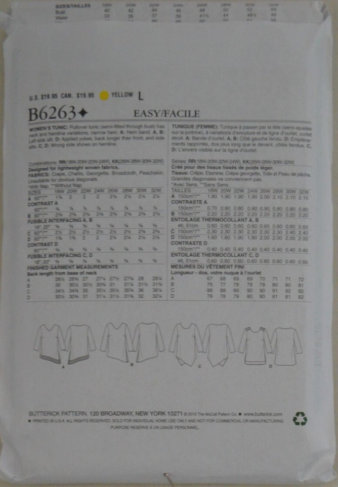 Butterick 6263 - Women's Pullover Tunic, has Neck & Hemline variations ...
