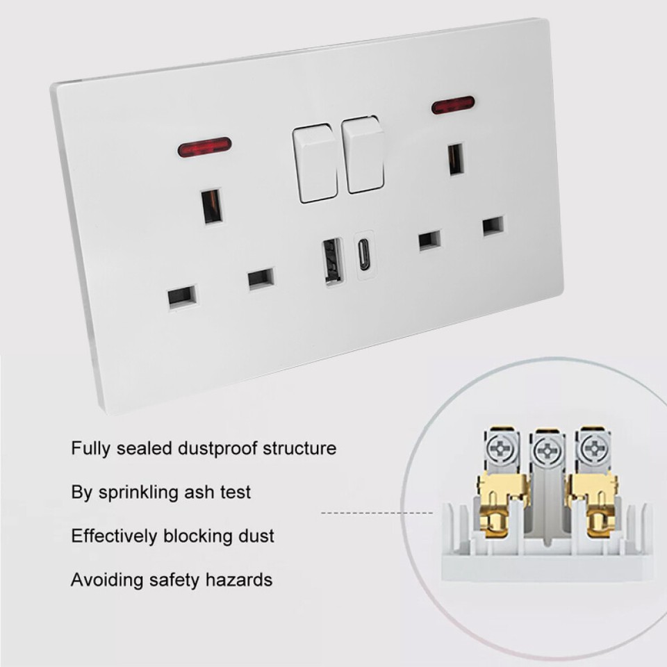 Double Wall Plug Socket 2 Gang 13A with Charger USB/PD Ports Outlets ...