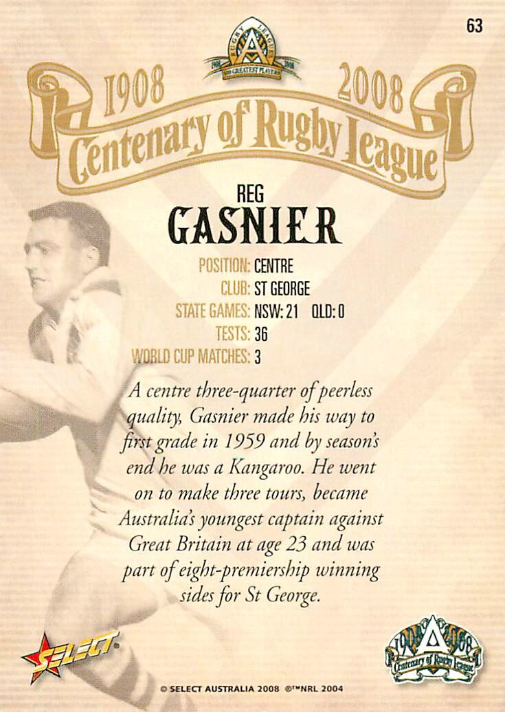 2008 ST GEORGE ILLAWARRA DRAGONS NRL Card REG GASNIER Centenary | eBay ...