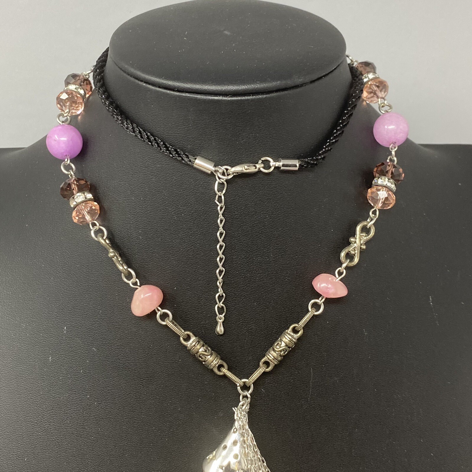 Crystal Pendant Necklace Pink Aurora Boreas & Stone Beads Cord Chain ...