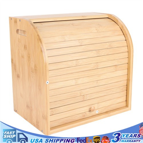 2-Layer Bread Box Bread Keeper Bamboo Wood With Lid Kitchen Storage ...