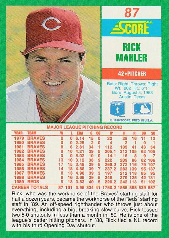 1990 Score #87 Rick Mahler NM-MT Reds | eBay