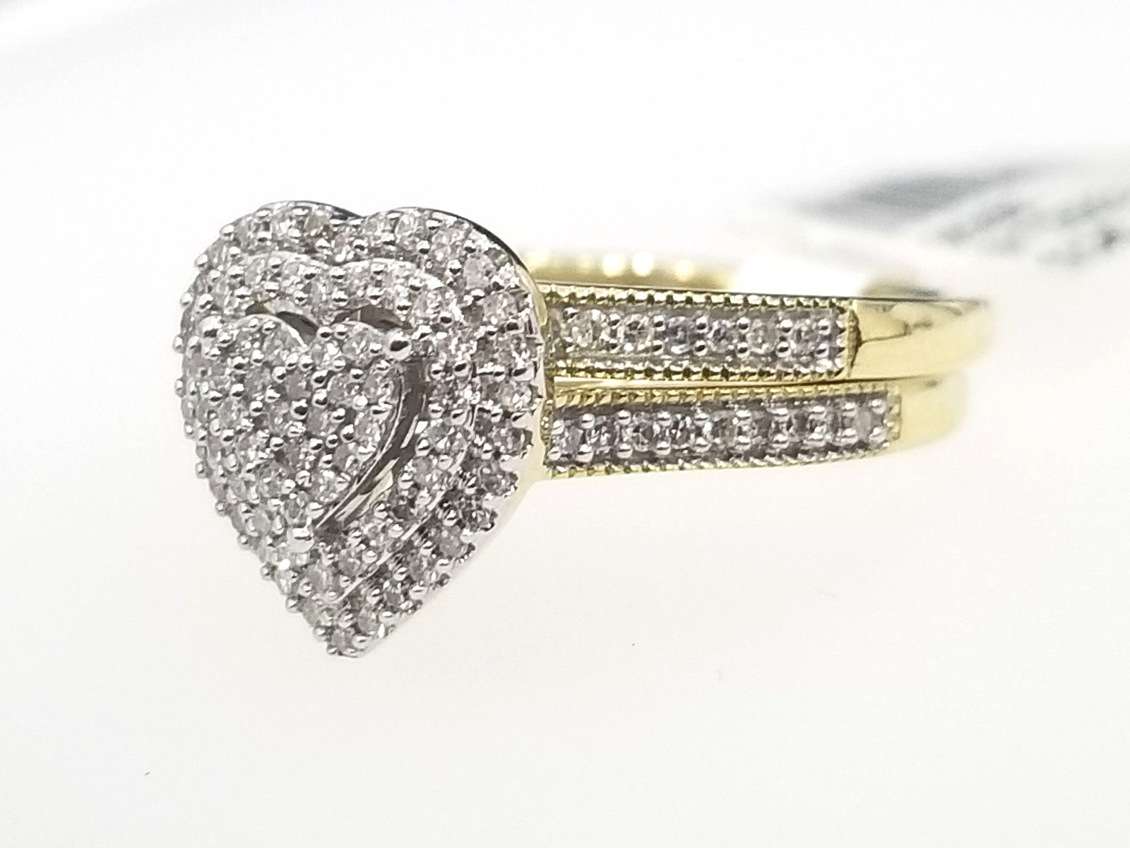 Real 10k Yellow Gold Geniune Diamond Heart Bridal Set Engagement ...