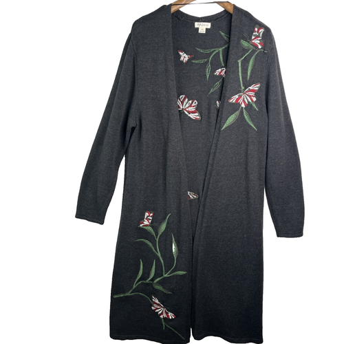 Grey Long Line Open Cardigan Duster Coat Sweater Red Embroidered ...