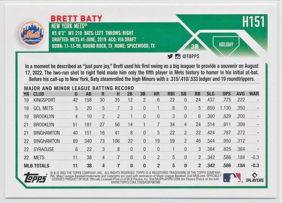2023 Topps Holiday - Brett Batty - New York Mets - RC - #H151 | eBay