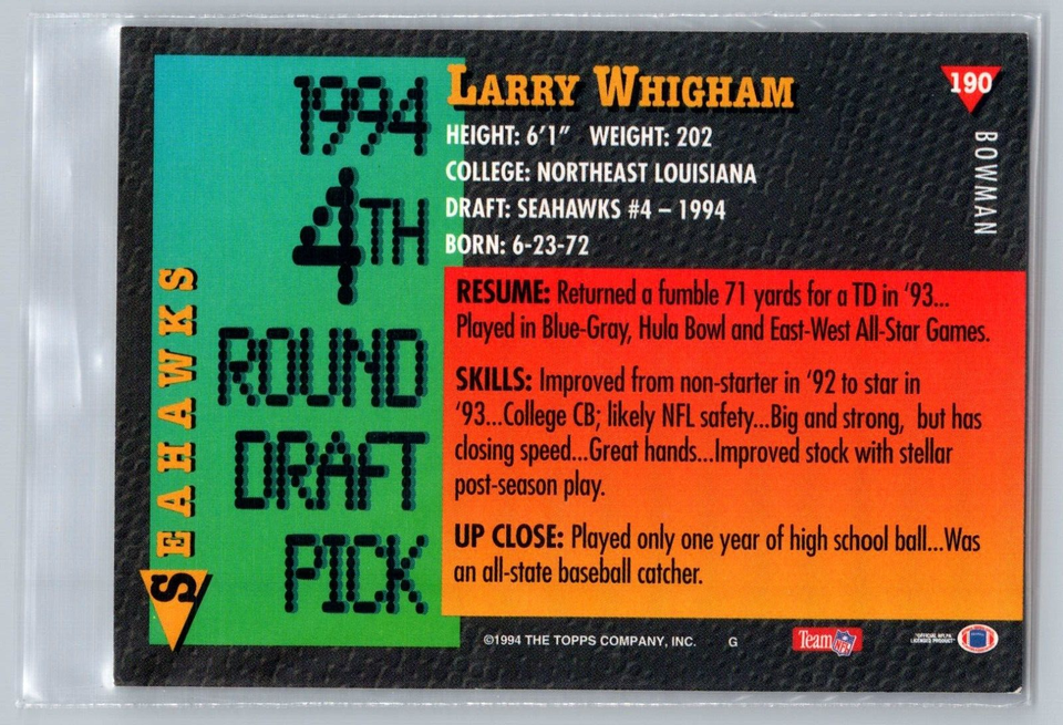 1994 TOPPS BOWMAN CARD # 190 Larry Whigham - Seattle Seahawks | eBay