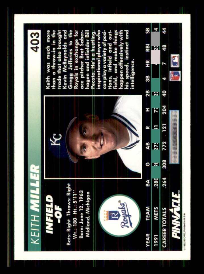 1992 BASEBALL 1992 Pinnacle Keith Miller Kansas City Royals #403 1 | eBay