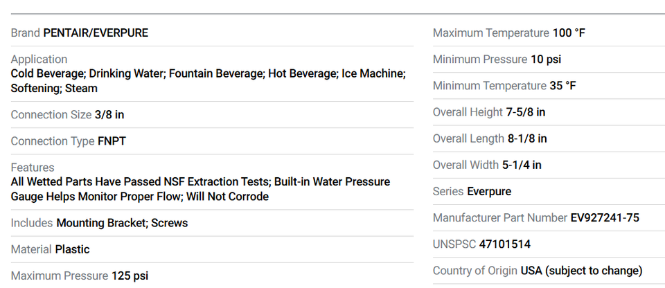 Pentair Everpure QC71 Single Filter Head 10-125 psi 35-100 F Grainger ...