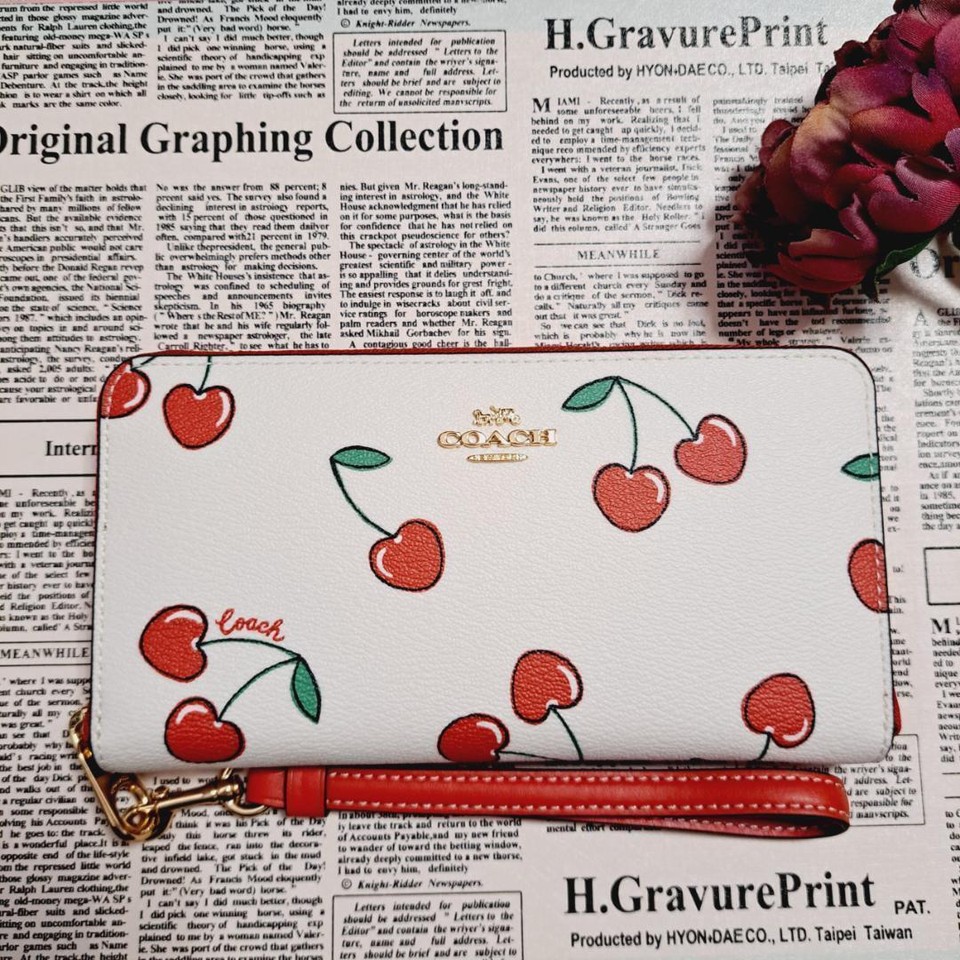 COACH Zip Around Accordion Long Wallet Heart Cherry Print Chalk CF406 ...