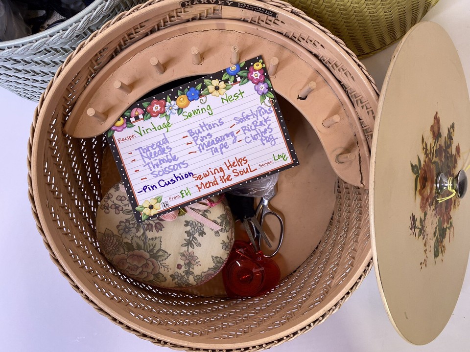 3 THREE Wicker Sewing Baskets Notions Princess Harvey Keepsake Kits Vintage | eBay