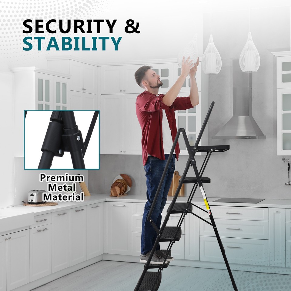 Portable 5-Step Ladder, Steel Construction with Compact Foldable Stool ...