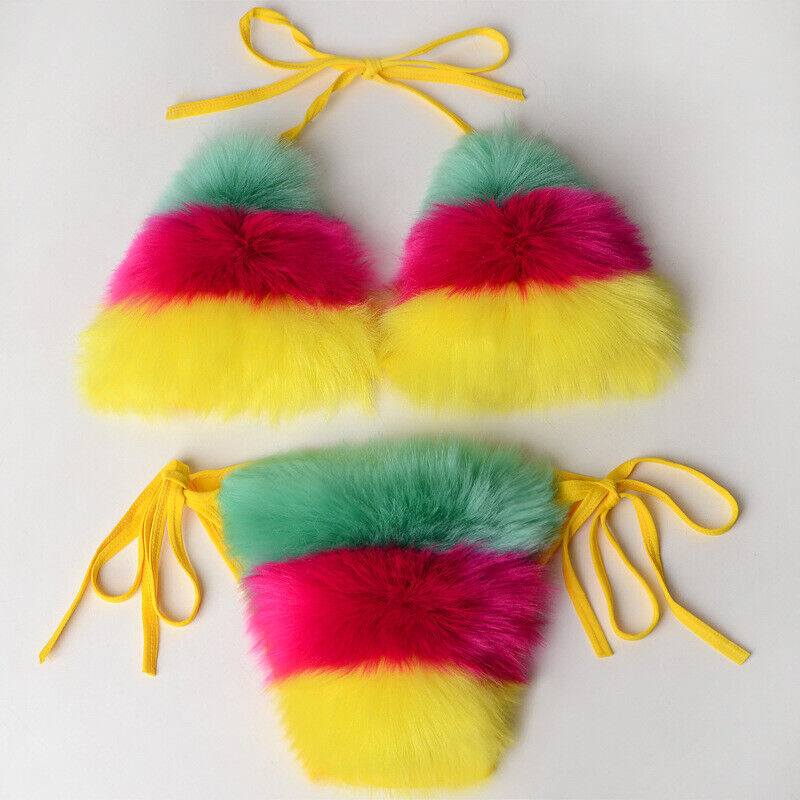 Fox Fur Swimsuit Beach Bikini Sexy Split Fur Bikini Set Micro Bra G ...