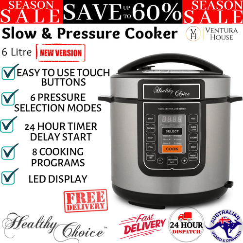 Healthy Choice 6L Electric Slow & Pressure Cooker Multi Cook Pot Silver ...
