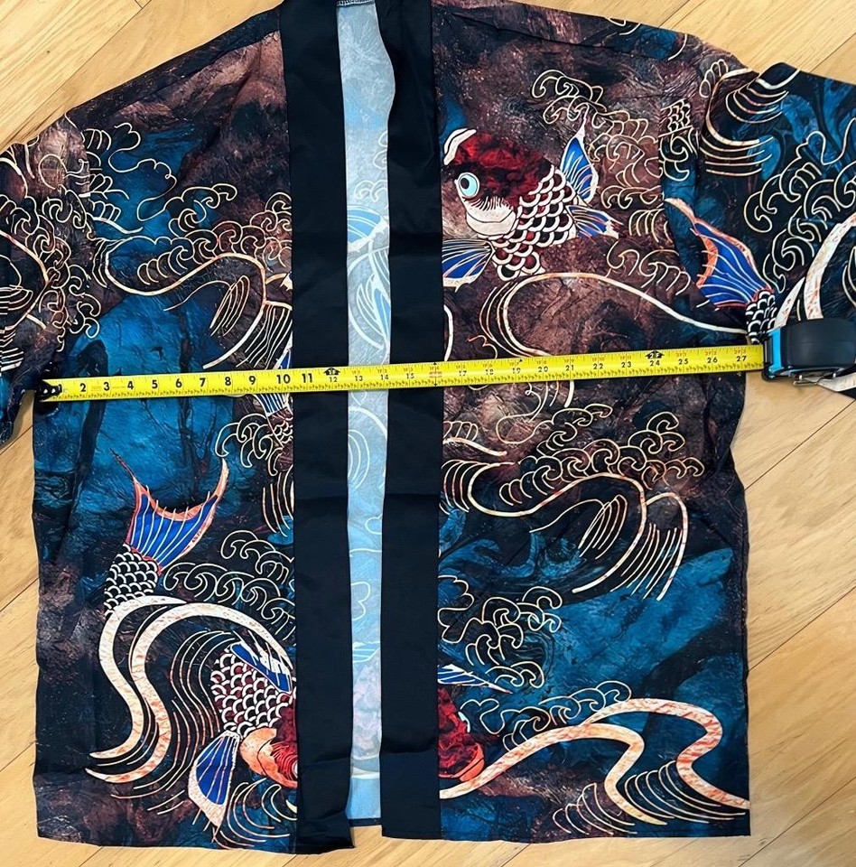 Japanese Haori Kimono Koi fish wrap light jacket red blue brown black ...