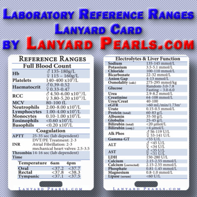 Pathology Lab Normal Reference Ranges - Lanyard Reference Badge Card ...