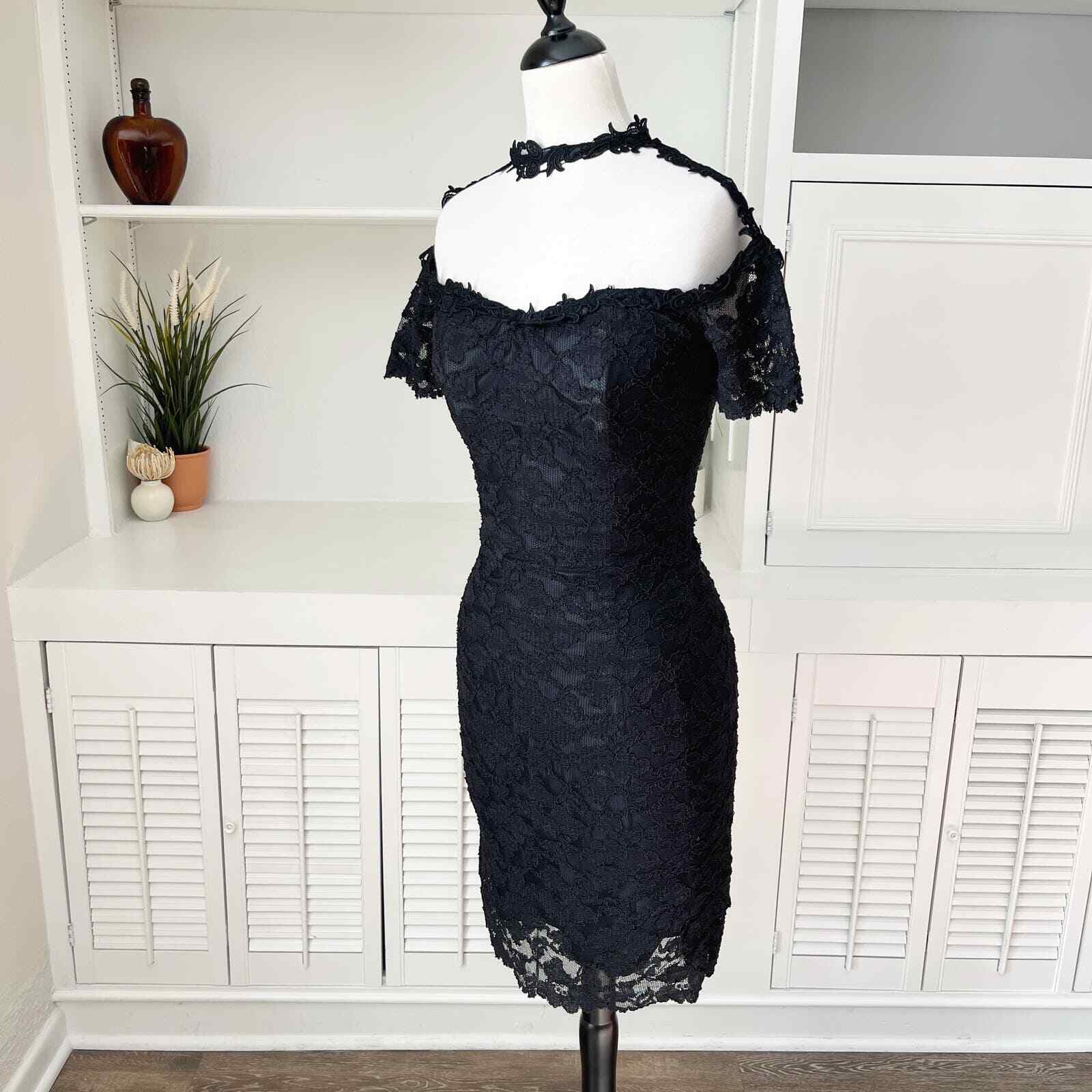 Vintage Gantos Black Lace Off Shoulder Dress with Cho… - Gem
