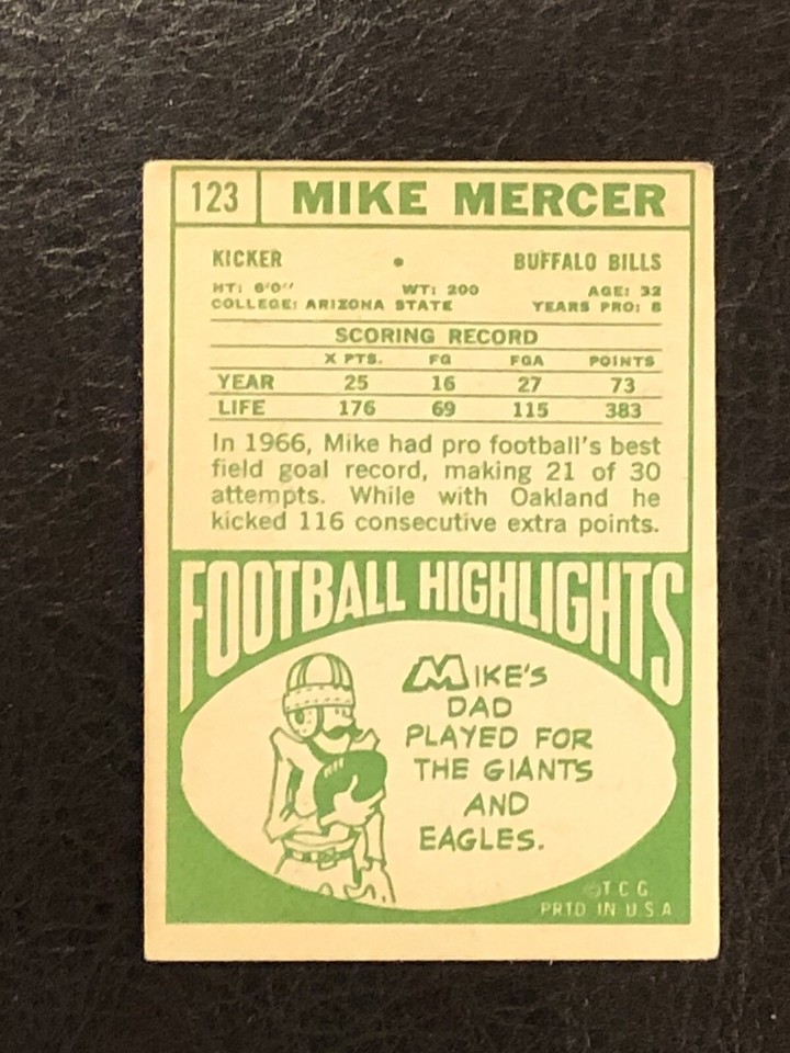 1968 Topps Football Mike Mercer Card #123 EX-NM Buffalo Bills | eBay